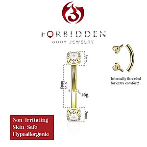 Forbidden Body Jewelry 16g 8mm Surgical Steel Internally Threaded Clear CZ Curved Barbell (Daith/Eyebrow/Rook) - Gold Tone