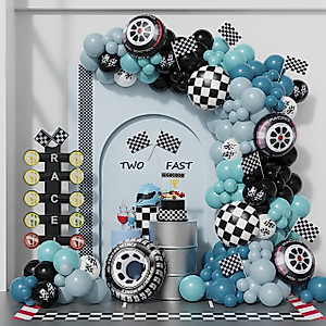Race Car Balloon Garland Arch Kit 166PCS Dusty Blue Black Latex Balloon Wheel Checkered Foil Balloons for Baby Shower Race Car Two Fast Birthday Party Decorations
