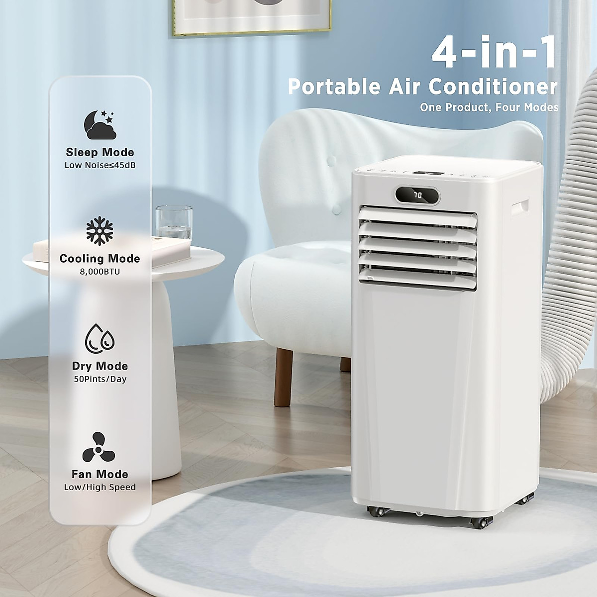 ZAFRO 8,000 BTU Portable Air Conditioners Cools up to 350 Sq.ft, Portable AC Unit Built-in Cool, Dehumidifier, Fan Modes, Room Air Conditioner with Remote/Installation Kits, White