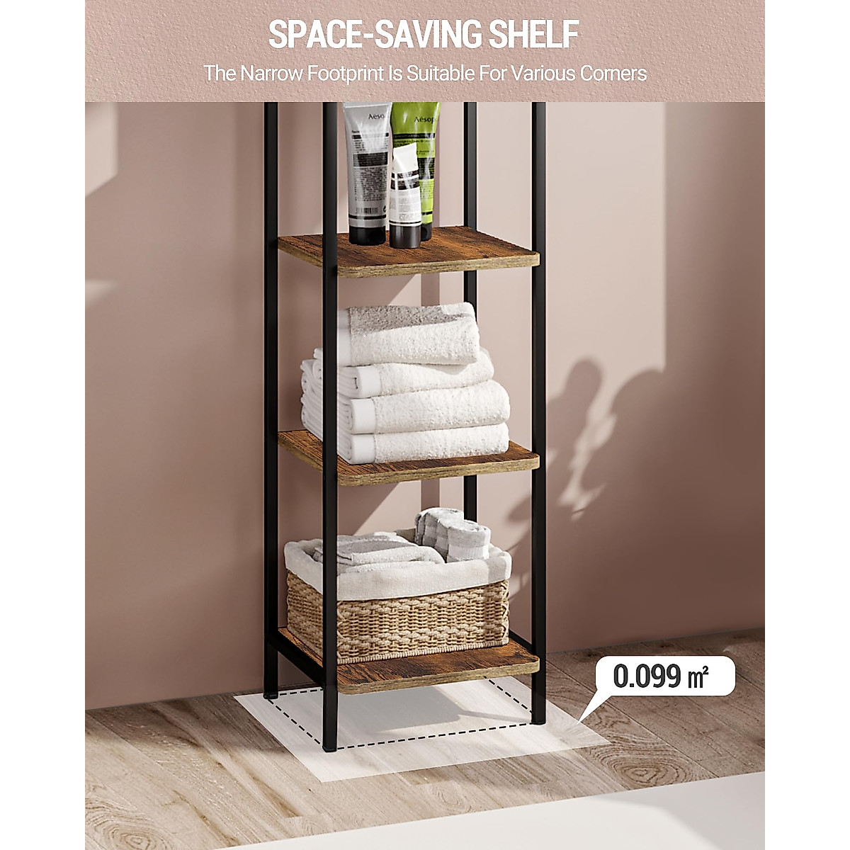 Hzuaneri Bookcase Bookshelf, Narrow Book Shelf, Industrial Corner Shelf Storage Organizer, Slim Shelving Unit for Home Office, Living Room, Bedroom, Kitchen, 5-Tier Rustic Brown and Black BC24501B