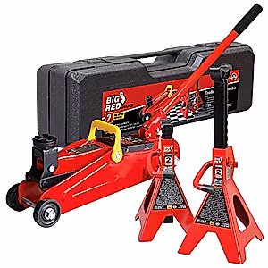 BIG RED T82001S Torin Hydraulic Trolley Service/Floor Jack Combo with 2 Jack Stands and Blow Mold Carrying Storage Case, 2 Ton (4,000 lb) Capacity, Red