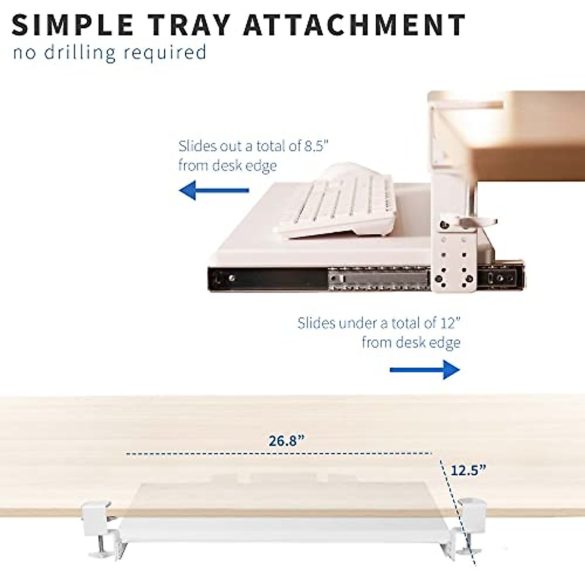 VIVO Large Height Adjustable Under Desk Keyboard Tray, C-clamp Mount System, 27 (33 Including Clamps) x 11 inch Slide-Out Platform Computer Drawer for Typing, White, MOUNT-KB05HW