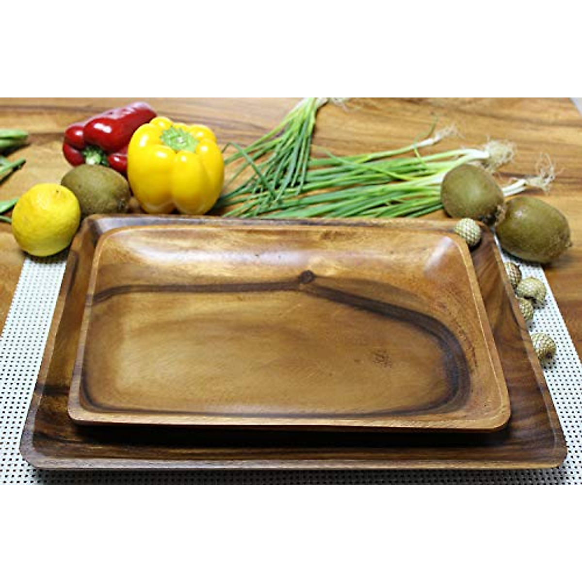 Wrightmart Wooden Trays, Set of 2, Decorative Rustic Food, Fruit, and Snack, Charcuterie-Appetizer Servers – Perfect Kitchen, Ottoman or Coffee Table Trays, Made from Acacia Wood