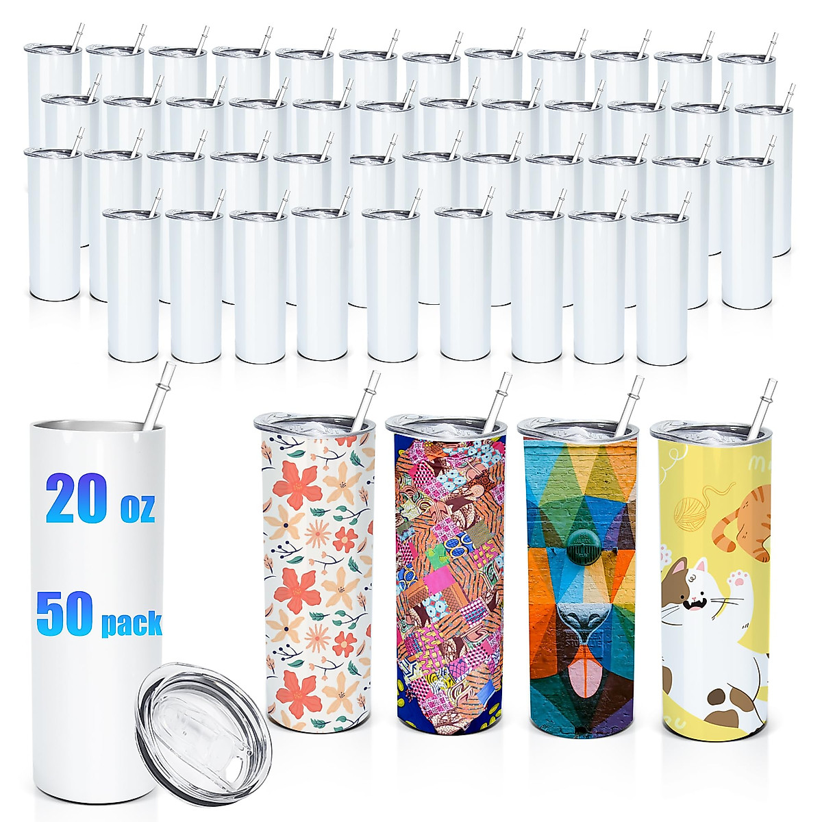 Icesip 50 Pack Sublimation Tumblers Blank 20 oz Straight Skinny Tumbler with Straw Bulk 20oz Tumbler Blank for Sublimation Cups with Lids and Straws Stainless Steel Double Wall Insulated Straight Mugs