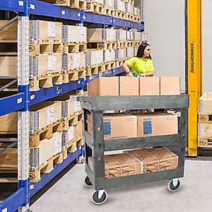 AQNIEGEP 3 Shelf Utility Cart Heavy Duty Rolling Cart with Brake Wheels Storage Service Cart w/Deep Shelves for Warehouse Workshop Cleaning Office Restaurant Commercial Moving 600lbs Capacity Black