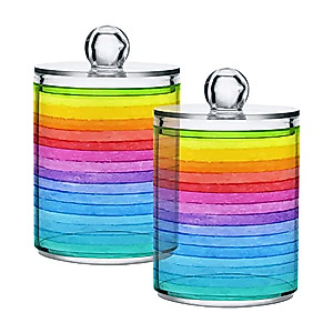 JUMBEAR 2 Pack Rainbow Stripe Qtip Holder Dispenser with Lid 14 oz Clear Plastic Apothecary Jar Set for Bathroom Vanity Organizers Storage Containers