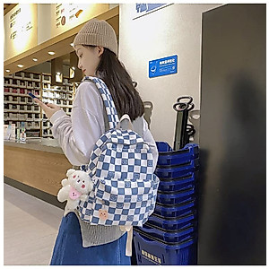 Kawaii Plaid Mini Backpack with Plush Bear Pendant for Girl Small Medium School Bag (Light Blue)