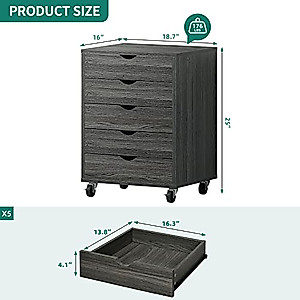 YITAHOME 5 Drawer Chest, Mobile File Cabinet with Wheels, Home Office Storage Dresser Cabinet, Grey