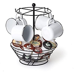 Nifty Coffee Pod & Mug Carousel – Holds 4 Cups, Capsule Storage, Spins 360-Degrees, Lazy Susan Platform, Modern Black Steel, Home or Office Kitchen Counter Organizer
