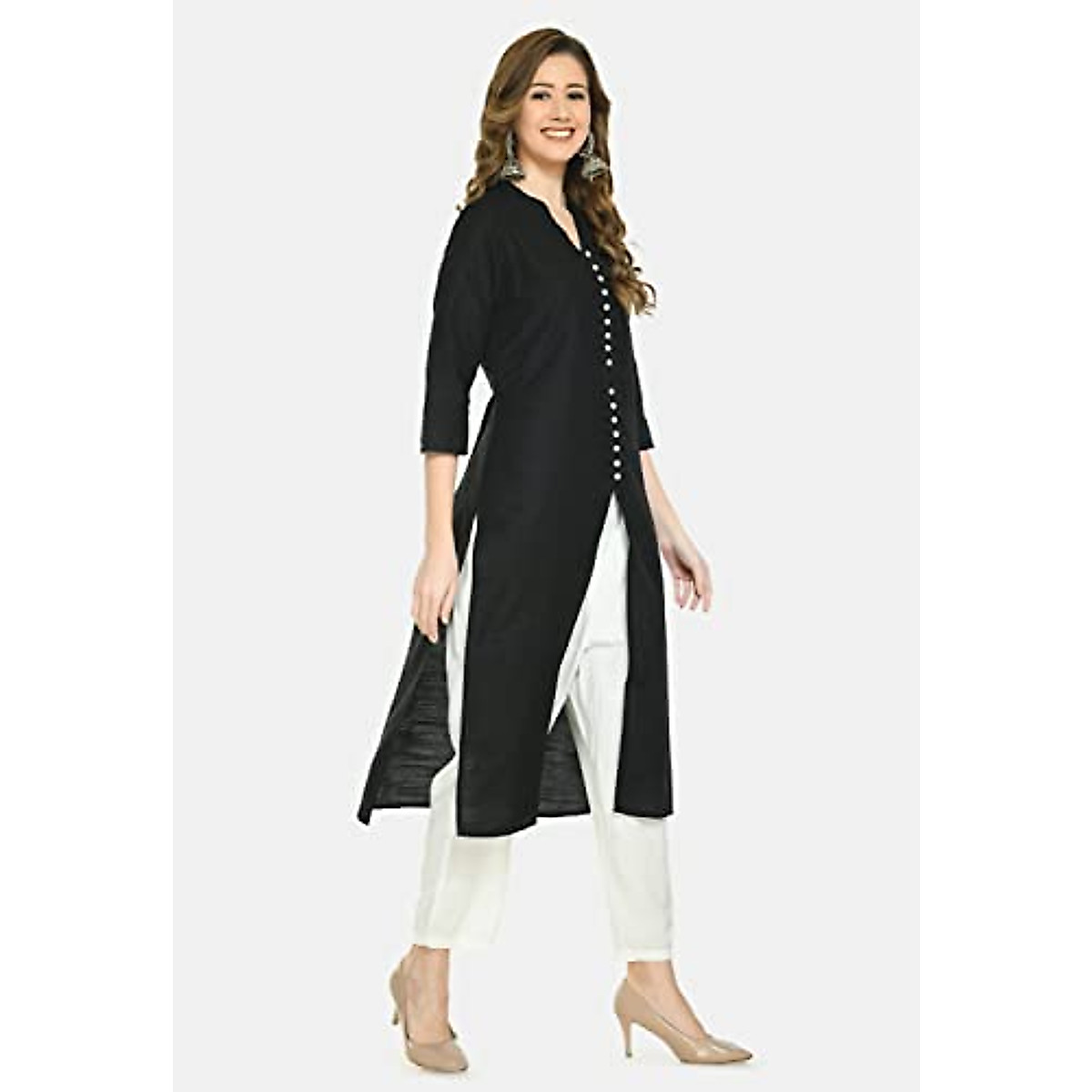 Lagi Women A-Line Solid Front Slit Poly Silk kurta Kurti. (Black, S)