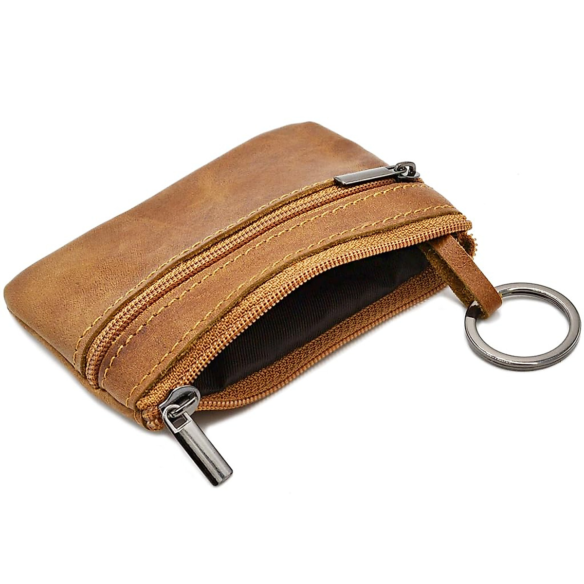 Women Genuine Leather Coin Pouch Zip Mini Purse Wallet Key Chain Double Zipper