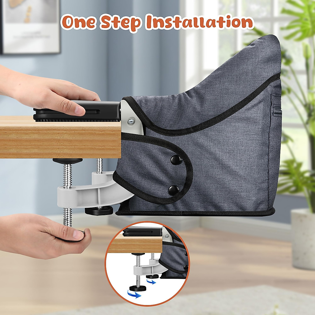 Hook On High Chair, Jozzve Clip on High Chair with Removable Dining Tray for Babies and Toddlers, Fold-Flat Storage Portable Baby Feeding Seat, Attach to Fast Table Chair for Home Travel (Grey)