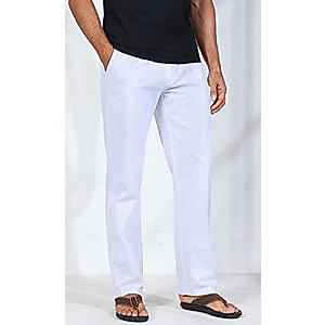 Soojun Men's Casual Linen Blend Relaxed Fit Straight Legs Elastic Waist Pants, White, 38W x 32L
