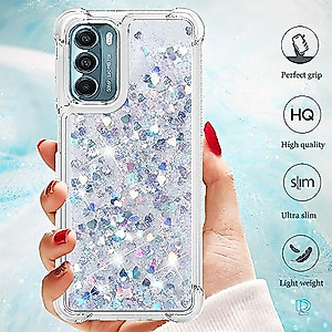 Dzxouui Moto G Stylus 5G 2022 Case - Cute Glitter Quicksand TPU Cover with Glass Screen Protector - Silver