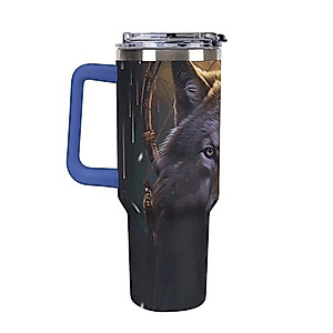40 Oz Vacuum Tumbler with Deep Blue Handle Leakproof Insulated Tumbler Wolves And Dream Catchers Stainless Steel Travel Mug with Lid And Straw Coffee Cup Cute Water Bottles Cup Holder Friendly