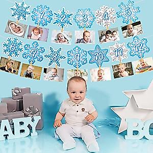 Snowflake First Birthday Party Decoration Snowflake Theme 1st Birthday Photo Banner for Newborn to 12 Months for Baby Shower Winter Onederland Party Supplies