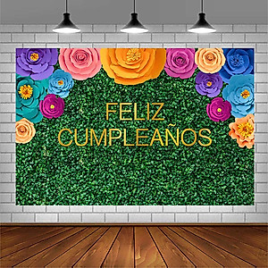 AIBIIN 7x5ft Feliz Cumpleaños Backdrop Mexican Fiesta Encanto Happy Birthday Party Photography Background Greenery Floral Green Leaves Mexico Cinco De Mayo Carnival Bday Cake Table Decoration Banner