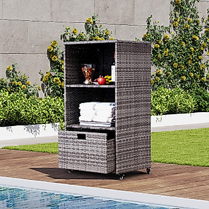 Kinpaw Pool Towel Rack Outdoor Storage Cabinet - 49” High Pool Towel Rack with with Storage Shelves & Drawer & Caters, Patio Wicker Towel Holder for Pool Area Outside, Hot Tub, Spa, Gray