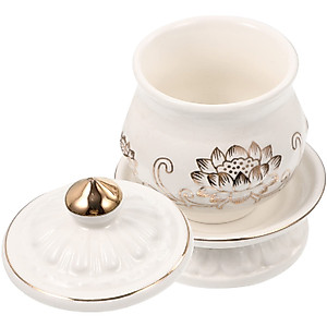 Operitacx Ceramic Holy Water Cup Buddhist Temple Water Bowls Tibetan Buddhist Worship Cup Lotus Printed Offering Cup with Tray for Home Buddhist Supplies White