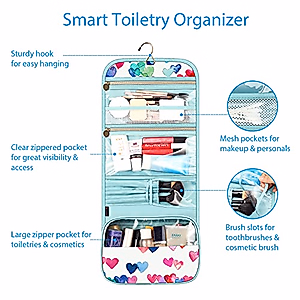 Fintie Portable Toiletry Cosmetic Travel Bag, Large Water Resistant Hanging Makeup Organizer Storage Pouch Case for Women Girls (Raining Hearts)