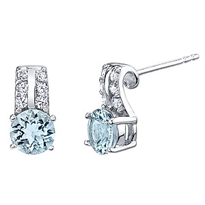 Peora Aquamarine Arc Stud Earrings for Women 925 Sterling Silver, Genuine Gemstone Birthstone, 1.25 Carats total Round Shape 6mm, Hypoallergenic, Friction Backs