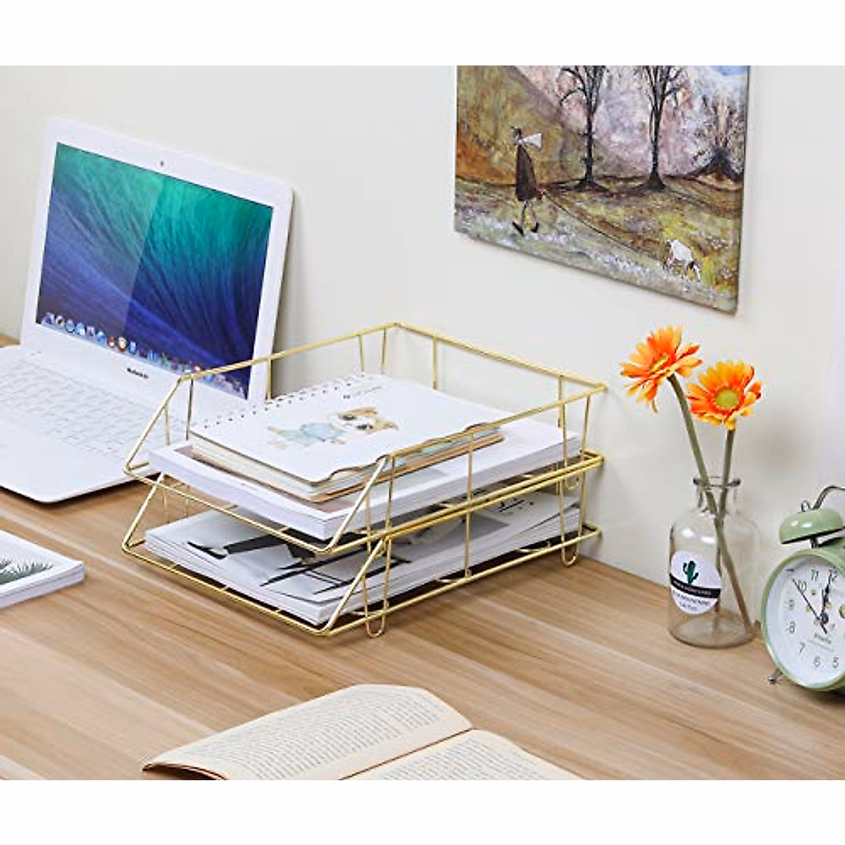 PAG Metal Stackable Letter Tray Desktop File Organizer Paper Holder Rack, 2 Pack, Gold