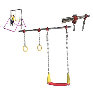 KidsJungle Kids Jungle Gym 3 in 1 Gymnastics Monkey Bar Kip Bar Deluxe Swing Set, Trapeze Rings, Adjustable Horizontal Climb Tower Junior Training Pink