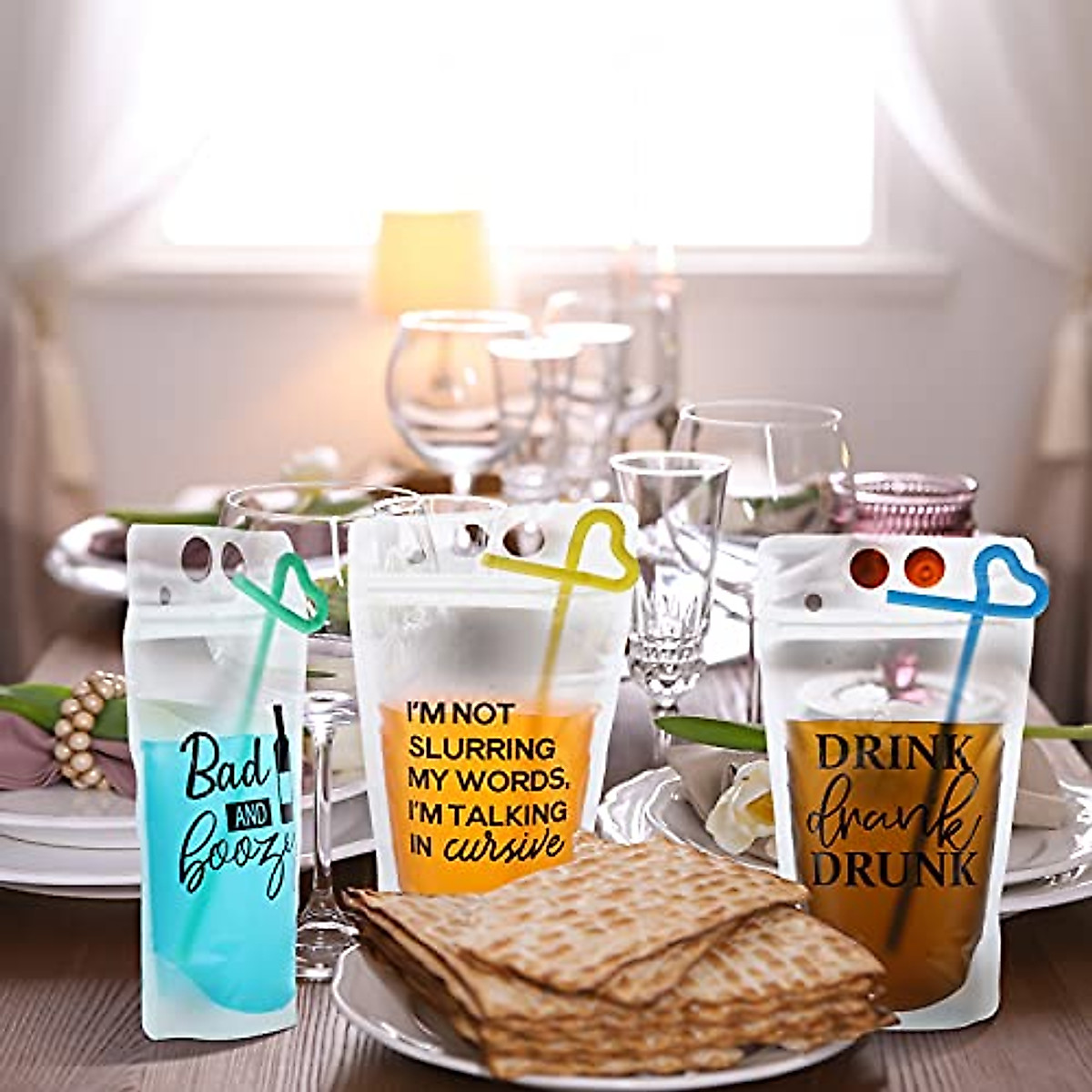 Patelai 24 Sets Drink Pouches with Straws Plastic Drink Bags with Zipper Party Beverage Bags Juice Pouches for Adults(Black Letters)