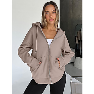 Trendy Queen Womens Zip Up Hoodies Oversized Sweatshirts Fall Fashion Outfits Casual Jackets 2025 Winter Clothes Nutmeg M