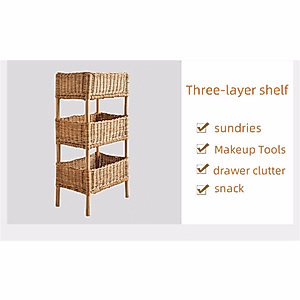 WKSPOO Rattan Shelving Unit 3 Tiers Standing Wooden Caddy, Hand Woven Floor Rattan Portable Laundry Bin Basket Applicable for Living Room, Bedroom, Kitchen(Color:Natural), 30*20*60cm