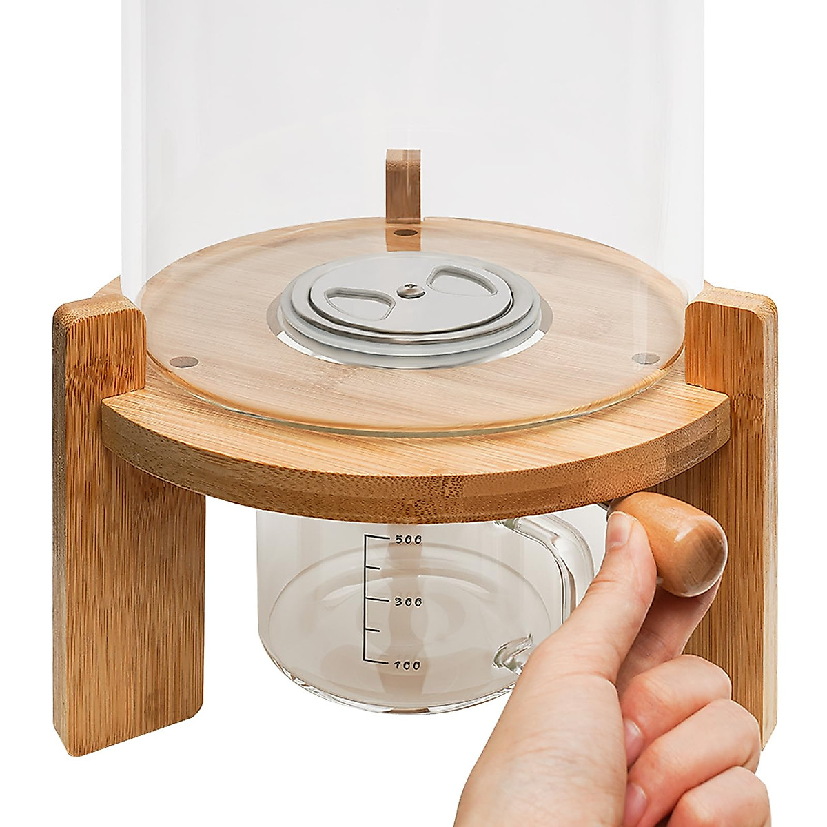 KONKENIE 7.5L/5L Grain Storage Tank Dispenser with Base+Valve+Cup Glass Rice Cereal Bean Flour Container Dry Food Organizer with Lid+Stand for Home Kitchen Pantry Store Clear (7.5L/Round Base)