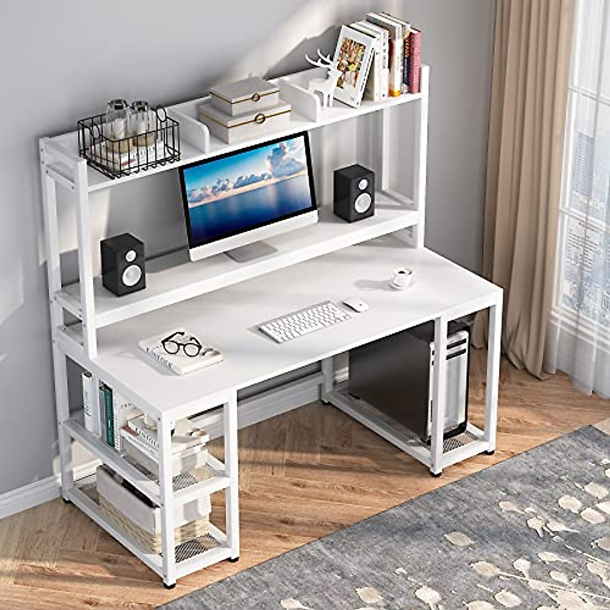 Tribesigns 55 Inches Computer Desk with Hutch and Monitor Stand Riser, Rustic Industrial Desk Computer Table Studying Writing Desk Workstation with Storage Shelves Bookshelf for Home Office (White)