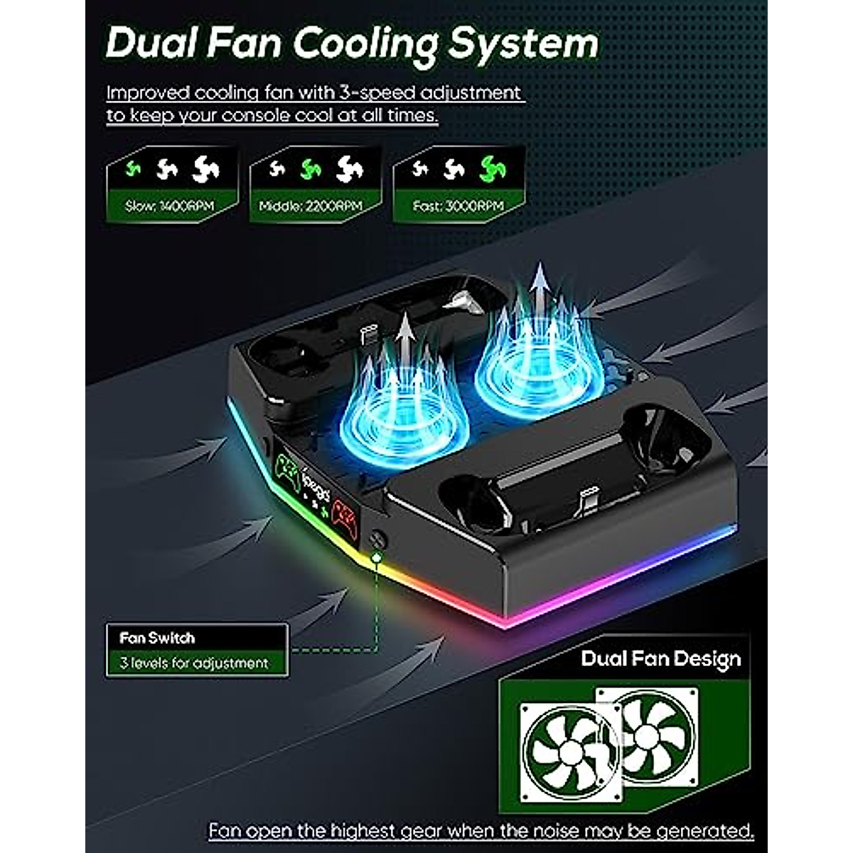 Cooling Stand & Charging Station for Xbox Series S with RGB Light Strip,Dual Charger of Controllers and Cooler Fan for XSS Console Accessories with 2*1400mAH Rechargeable Battery Pack,1*Headphone Hook
