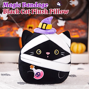 Houwsbaby 12" Halloween Black Cat Plush Pillow with Witch Hat and Poison Bottle, Creative Kitty Stuffed Animal,Soft and Spooky Decoration for Toddler Kids Boys Girls