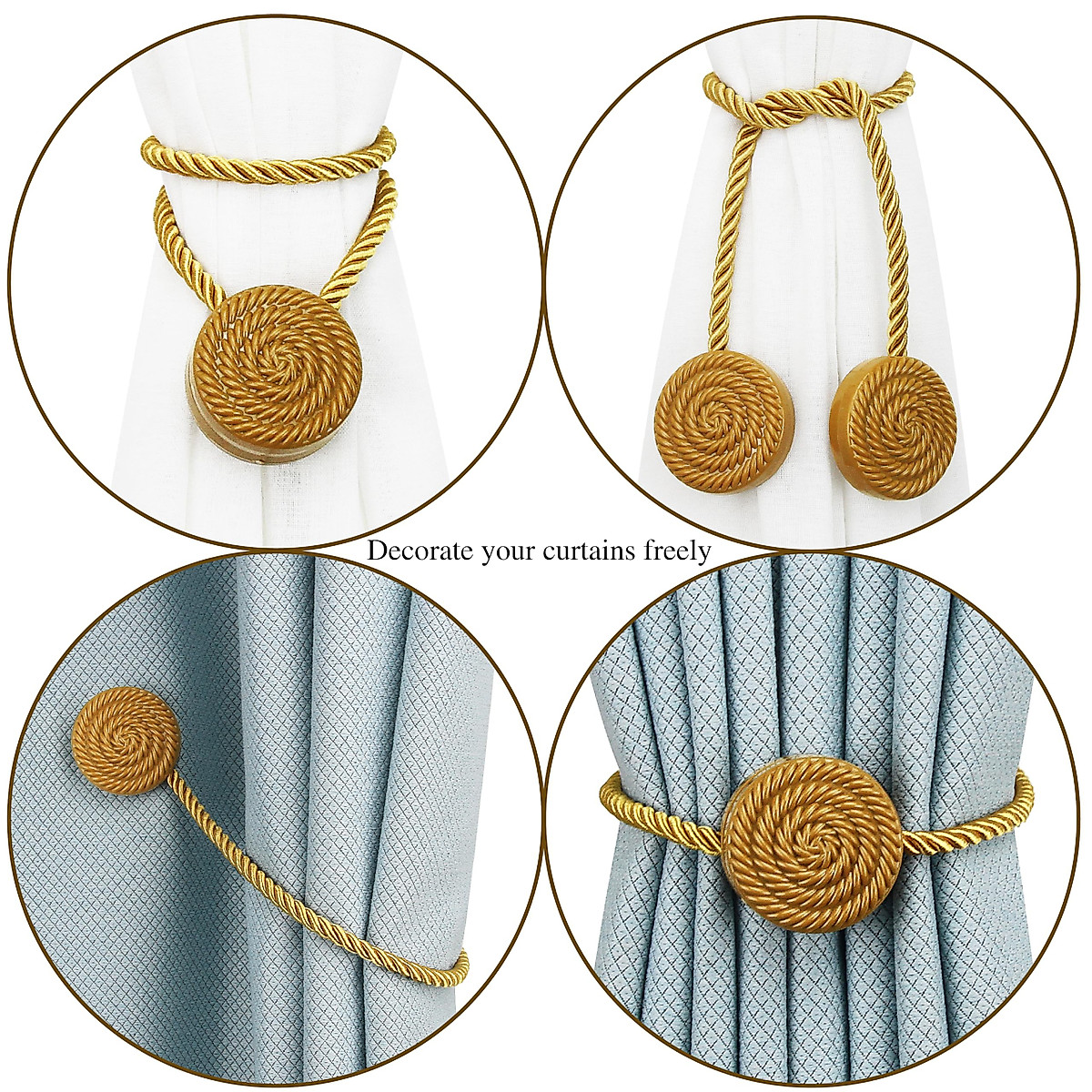 Hangtty Magnetic Curtain Tie Backs 2 Pack Rope Curtain Tiebacks Decorative Curtain Holders for Drapes Window Treatment Holdbacks Home Outdoor Curtain Tiebacks, Gold