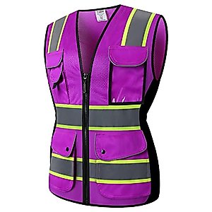 JKSafety 9 Pockets Women Hi-Vis Reflective Safety Vest | Mesh Neon Purple | Reflective Strips with Yellow Extended Trims | ANSI Compliant (168-Purple, L)
