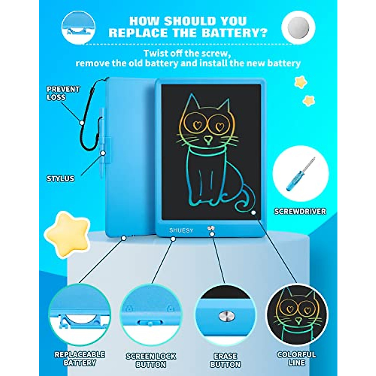 SHUESY LCD Writing Tablet for Kids – 8.5 inch Colorful Graffiti Drawing Board for Toddlers – Magic Scribble Doodle Board – Touch Screen LCD Drawing Tablet – Doodle Pad for Toddler 1-3 4-8 (Blue)