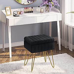 Greenstell Vanity Stool Chair Faux Fur with Storage, 15.7"L x 11.8"W x 19.4"H Soft Ottoman 4 Metal Legs with Anti-Slip Feet, Furry Padded Seat, Modern Multifunctional Chairs for Makeup, Bedroom Black