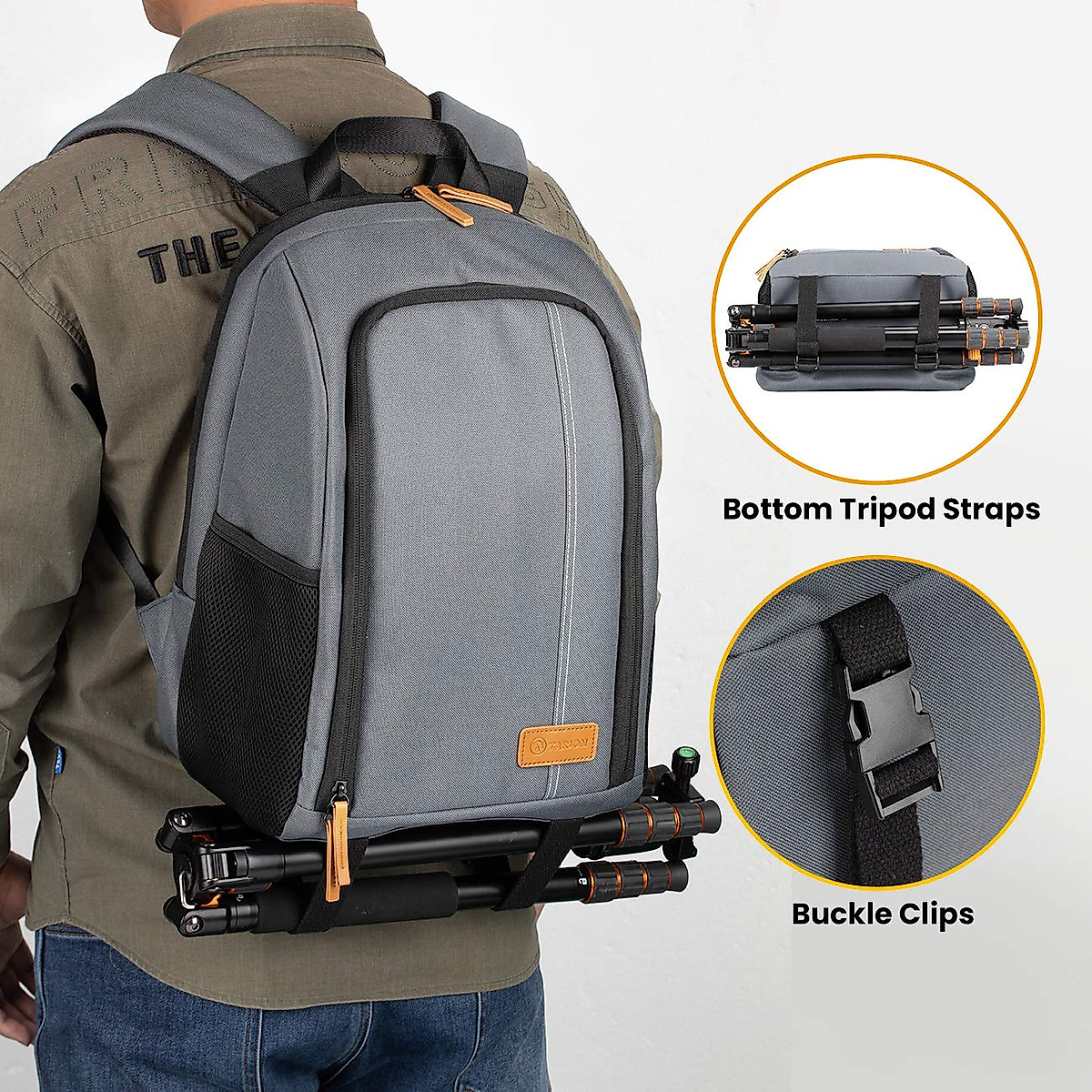 TARION Camera Backpack Waterproof Camera Bag Large Capacity Camera Case with 15 Inch Laptop Compartment Rain Cover for Women Men Photographer Lens Tripod Grey TB-02