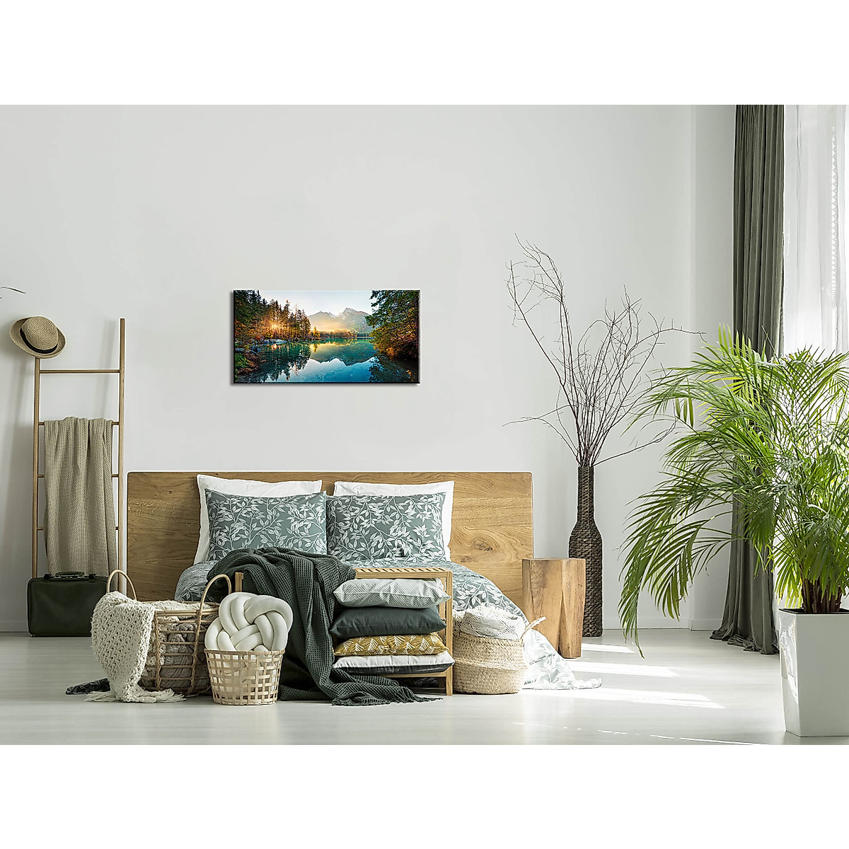 Autumn Lake Large Stretched Canvas Wall Art For Living Room Bedroom Home Decoration, Mordern Morning Sunrise View Print Picture Painting Decor Giclee Artwork, Gallery Wrapped Gift, Inner Frame 20x40