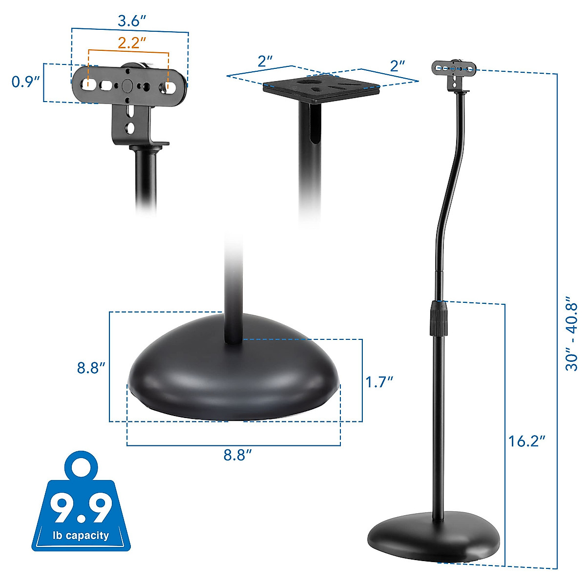 Mount-It! Universal Speaker Stands, Adjustable Height 30 to 40.8 Inches, Surround Sound Speaker Stands for Satellite and Bookshelf Speakers, Heavy-Duty Construction, Supports 10 lbs Each (1 Pair)