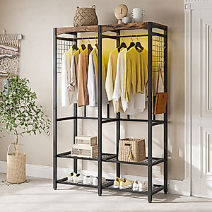 Bestier Metal Freestanding Wardrobe Storage Unit with Wooden Top Shelf & Built In Color Changing Lights w/7 Colors and 20 Dynamic Modes, Rustic Brown