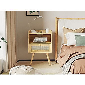 SUPERJARE Nightstands Set of 2, Night Stands with Charging Station & PE Rattan Decor Drawer, Bed Side Tables with Solid Wood Feet, End Table, for Bedroom, Living Room - Natural