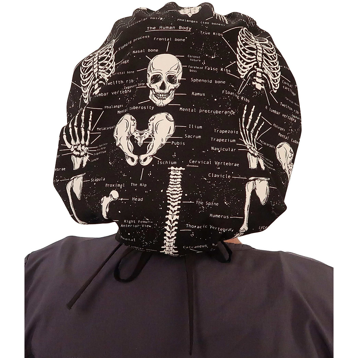 Sparkling EARTH Human Body Skeleton (Glow in The Dark) Banded Bouffant Ponytail Classic Surgical Style Scrub Working Cap - Made in The USA!