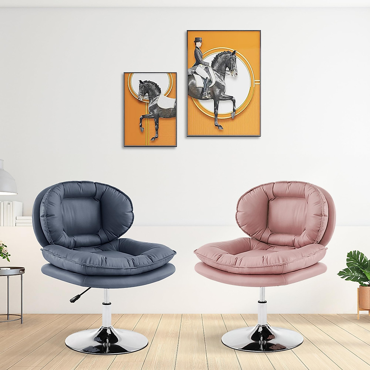 MCombo Swivel Accent Chair with Height Adjustment, Upholstered Desk Chair for Living Room Office 4846 (Blue, Round Base)