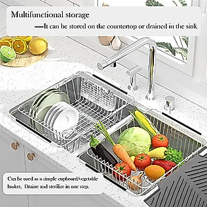 YEECOPON Dish Rack in Sink, Expandable Over The Sink Dish Drying Rack with Utensil Holder and Silicone Drainage pad (Medium + 16" Silicone pad)