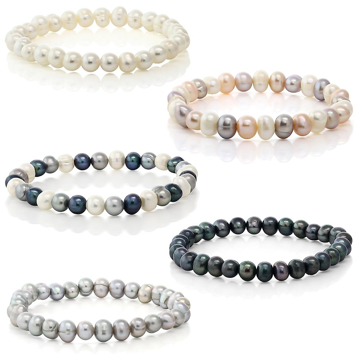 Gem Stone King Set Of 5 Multicolor Cultured Freshwater Pearl Stretch Bracelets 7.5 Inch