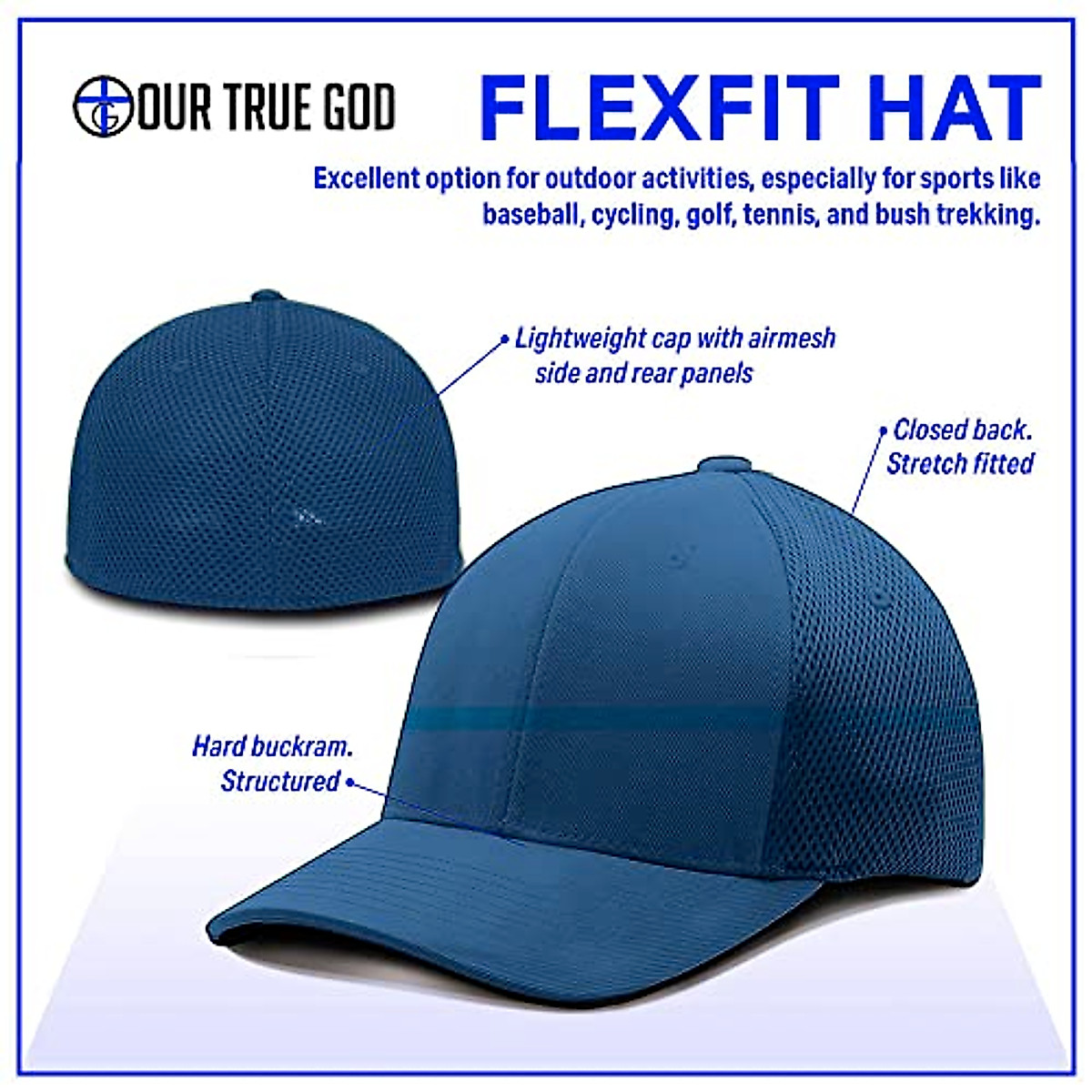 Our True God Faith Over Fear Leather Patch Flexfit Hat - Baseball Cap Men Breathable Flex Fit Ultrafibre Airmesh Fitted Cap (Royal Blue, Small-Medium, m)