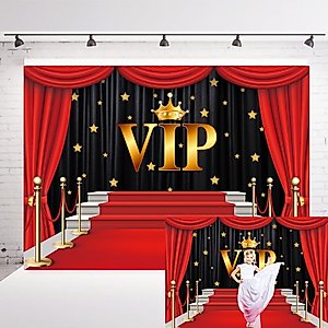 INRUI VIP Red Carpet Curtain Photography Backdrop Glittering with Brilliant Stars Red Gold Stage Backdrops for Studio Props Graduation Wedding Birthday Party Decoration (7x5FT)