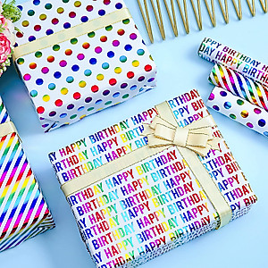 THMORT Colorful Foil Birthday Wrapping Paper Kit With Cutter for Kids & Adults, 17 x 120 Inch Mini Rolls With Rainbow Lettering